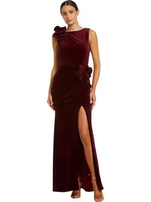 Mac Duggal Velvet Column Gown With 3d Flower Appliques - Burgundy