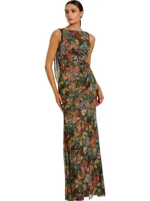 Mac Duggal Floral Embellished Column Gown - Charcoal Multi