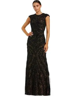 Mac Duggal Embellished Lace Cap Sleeve Evening Gown - Black Nude