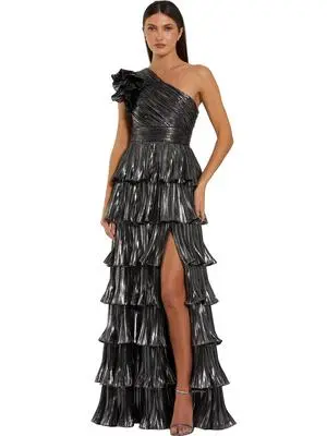 Mac Duggal Metallic Pleated Ruffled One Shoulder Gown - Gunmetal