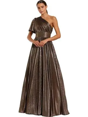 Mac Duggal One-shoulder Pleated Metallic Ball Gown - Bronze