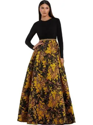 Mac Duggal Floral Brocade Ball Gown - Black Gold