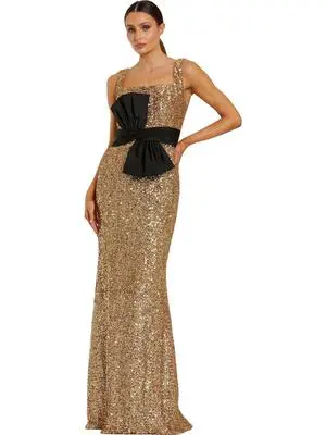 Mac Duggal Sequin Column Gown With Faille Bow - Black Gold