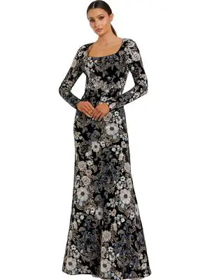 Mac Duggal Floral Embroidered Velvet Evening Gown - Black Multi