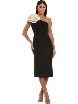 Mac Duggal One-shoulder Boucle Midi Dress With Floral Applique - Black Ivory