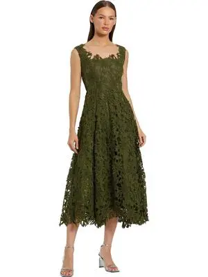 Mac Duggal Embroidered Lace A-line Midi Dress - Army Green