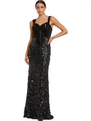 Mac Duggal Sleeveless Sequin Column Gown With Velvet Bow - Black