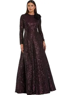 Mac Duggal Dark Long Sleeve Sequin Ball Gown With 3d Flower - Amethyst