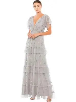 Mac Duggal Ruffle Tiered Embellished Flutter Sleeve Gown - Platinum