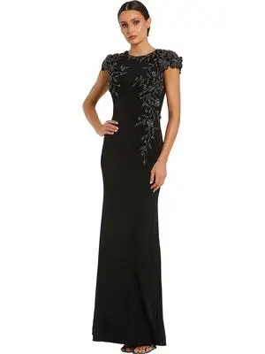 Mac Duggal Beaded Cap Sleeve Jersey Column Gown - Black Multi