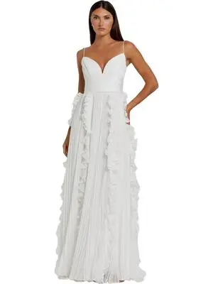 Mac Duggal Pleated Chiffon Gown - White
