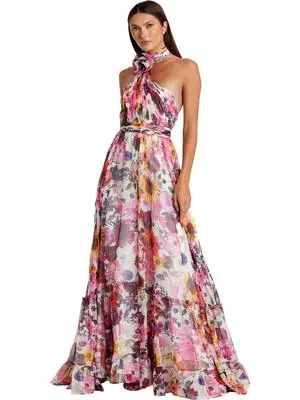 Mac Duggal Asymmetrical Ruffled Halter Floral Gown - White Multi