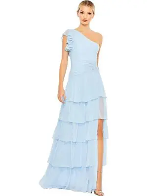 Mac Duggal Ruffle Tiered One-shoulder Gown - Powder Blue
