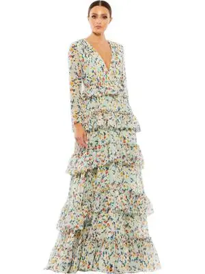 Mac Duggal Floral Printed Tiered Ruffle Long Sleeve Gown - Multi