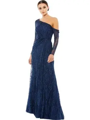 Mac Duggal Draped Jewel-encrusted Lace Gown - Navy