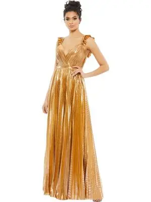 Mac Duggal Pleated Ruffled Sleeveless Gown - Gold