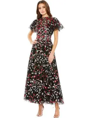 Mac Duggal Embellished Butterfly Tea Length A-line Dress - Black Multi