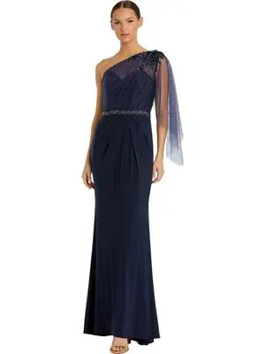 Mac Duggal Embellished One-shoulder Draped Gown - Navy