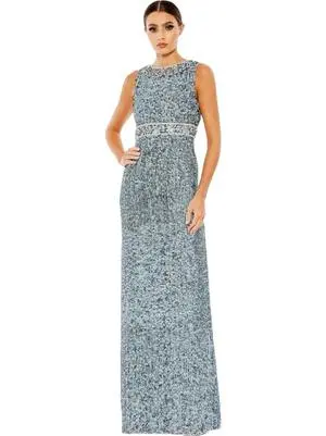 Mac Duggal Sleeveless Embellished Sequin Column Gown - Slate Blue
