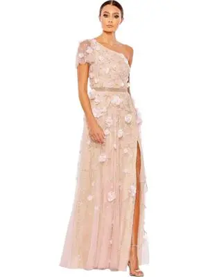 Mac Duggal Floral Embellished One Shoulder Gown - Blush Gold