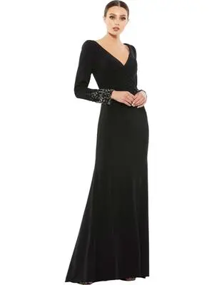 Mac Duggal Beaded Cuff Wrap Over Trumpet Gown - Black