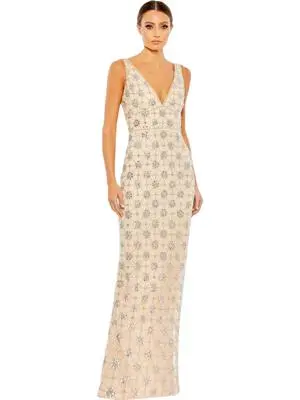 Mac Duggal Hand-beaded V-neck Gown - Nude Silver