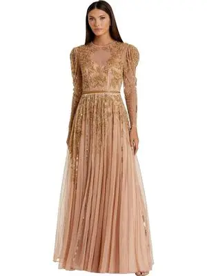 Mac Duggal Beaded Illusion Puff Sleeve Gown - Nude Gold