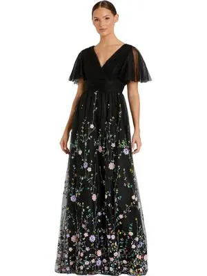 Mac Duggal Embroidered Butterfly Sleeve Empire Waist Gown - Black Multi