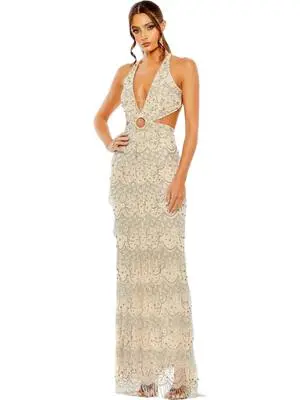 Mac Duggal Embellished Fringe Gown With Open Back - Nude