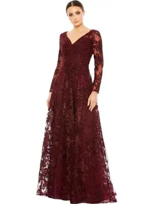Mac Duggal Embroidered Illusion Long Sleeve V Neck Gown - Mahogany