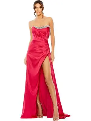 Mac Duggal Strapless Ruched Embellished Gown - Hot Pink