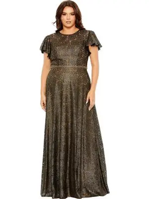 Mac Duggal Lace Butterfly Sleeve Beaded Belt Gown - Black/gold