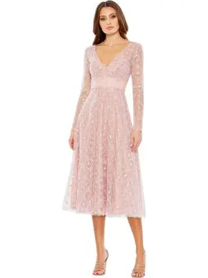 Mac Duggal Embellished Illusion Long Sleeve Dress Rose