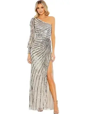 Mac Duggal Asymmetrical One-shoulder Sequin Gown - Platinum