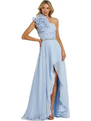 Mac Duggal Floral Detail One Shoulder Gown With Slit - Powder Blue