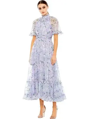 Mac Duggal Floral Print High Neck Dress - Lilac Multi
