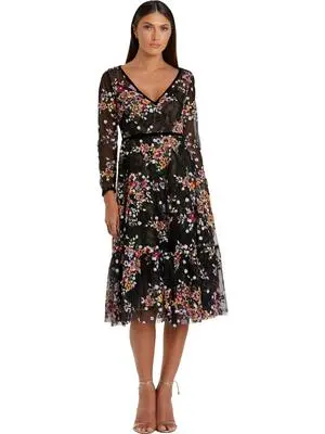 Mac Duggal Floral Embroidered Tea-length Cocktail Dress - Black Multi