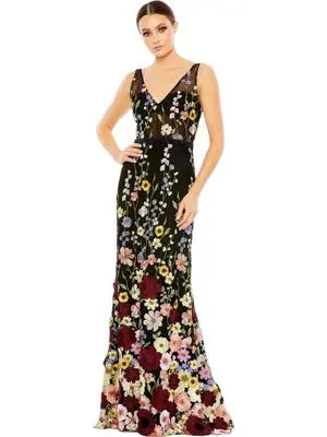 Mac Duggal Embroidered Tulle V-neck Gown - Black Multi