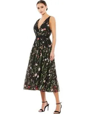 Mac Duggal Floral Embroidered Midi Dress - Black Multi