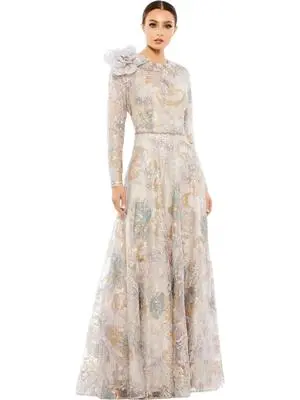 Mac Duggal Beige Embellished Long Sleeve High Neck Rose Applique Gown - Multi