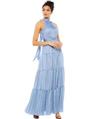Mac Duggal Tie-neck Tiered Halter Gown - Slate Blue