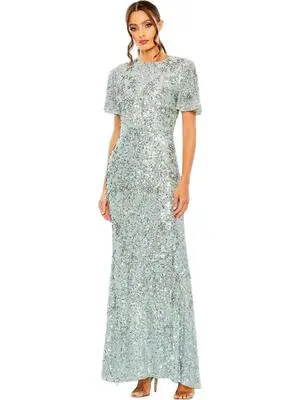 Mac Duggal Flutter Sleeve Sequin High Neck Gown - French Blue