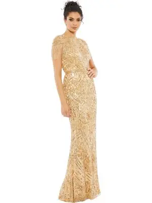 Mac Duggal Embellished Fringe Cap Sleeve Trumpet Gown - Light Gold