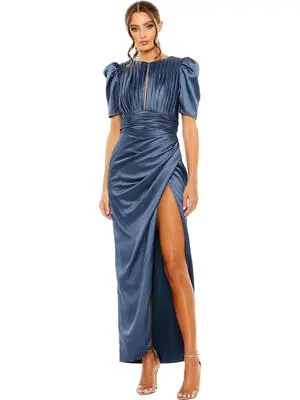 Mac Duggal Charmeuse Column Gown With Puff Sleeves - Midnight