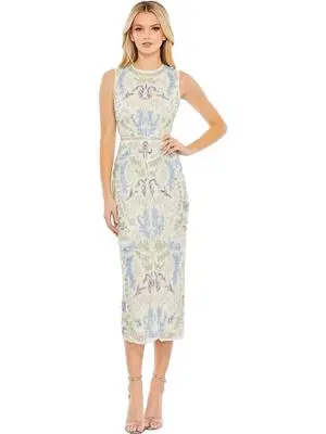 MAC DUGGAL Mac Duggal Sleeveless Sequin High Neck Midi Sheath Dress