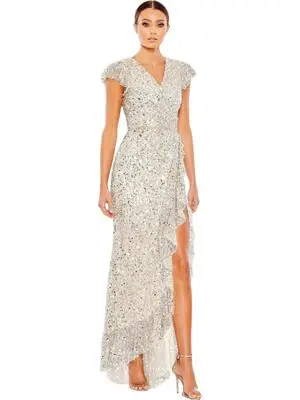 Mac Duggal Sequined Faux Wrap Ruffle Gown - Silver Nude