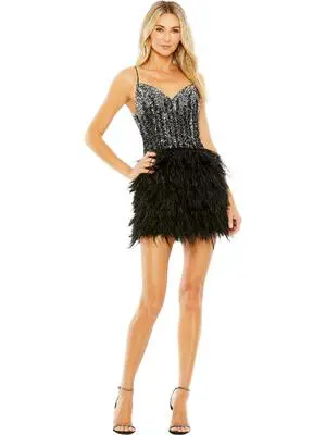 MAC DUGGAL Sequin Bodice Feather Mini Dress