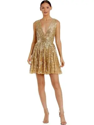 Mac Duggal Embellished Sleeveless V-neck A-line Dress - Nude Gold