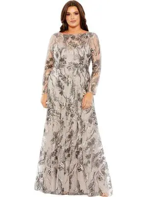 Mac Duggal Embroidered A-Line Gown With Long Sleeves Gray