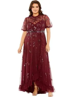 Mac Duggal Embellished Faux Wrap Gown - Bordeaux